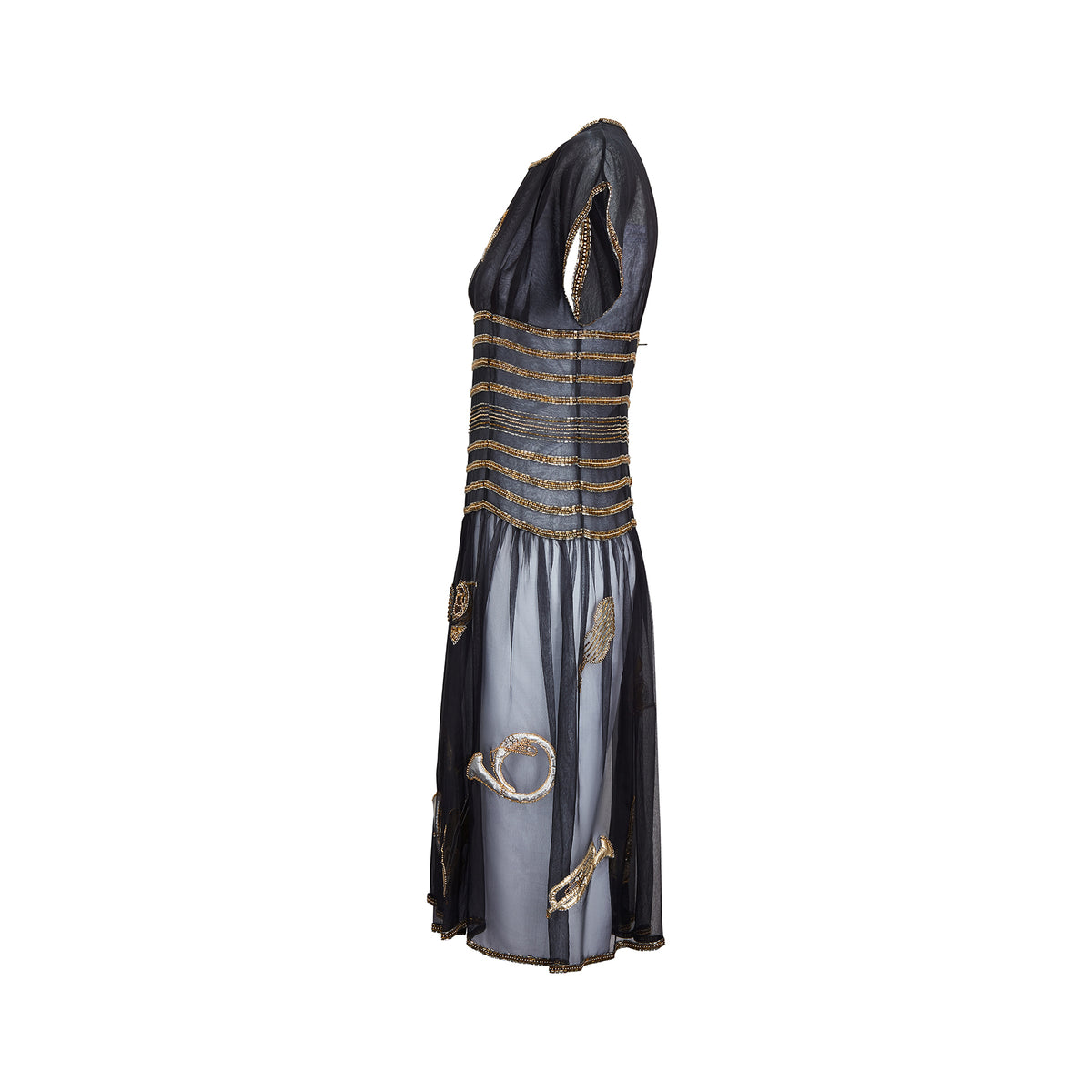 1970s Chloe Novelty Musical Instrument Black Chiffon Dress