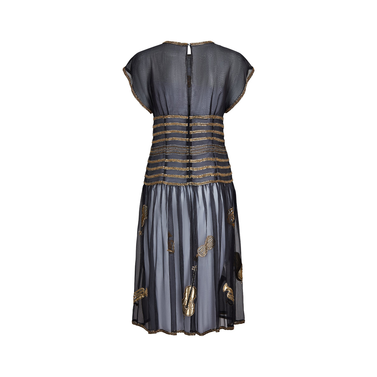 1970s Chloe Novelty Musical Instrument Black Chiffon Dress